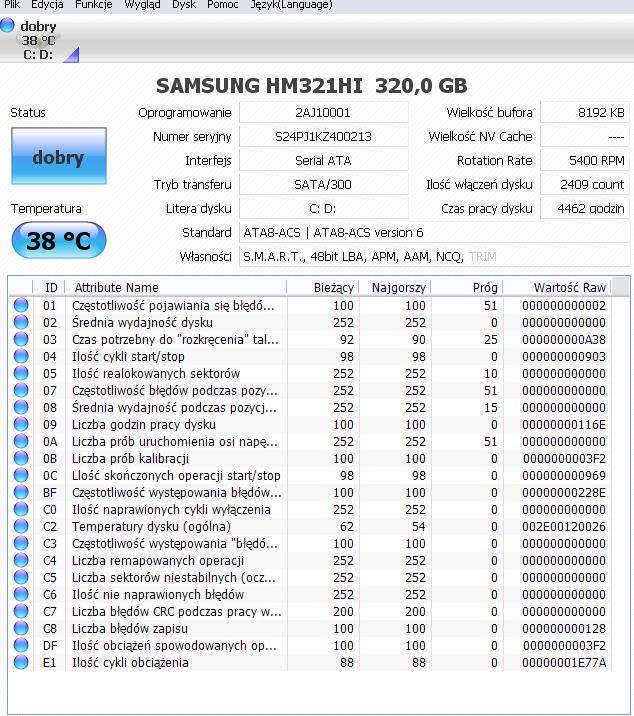 Dysk Dysk nr 1 - SAMSUNG HM321 - Dużą ilość liczby błędów zapisu