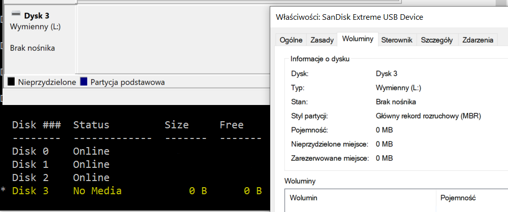 SanDisk Extreme 64GB USB 3.0 - niewykrywany, status brak nośnika