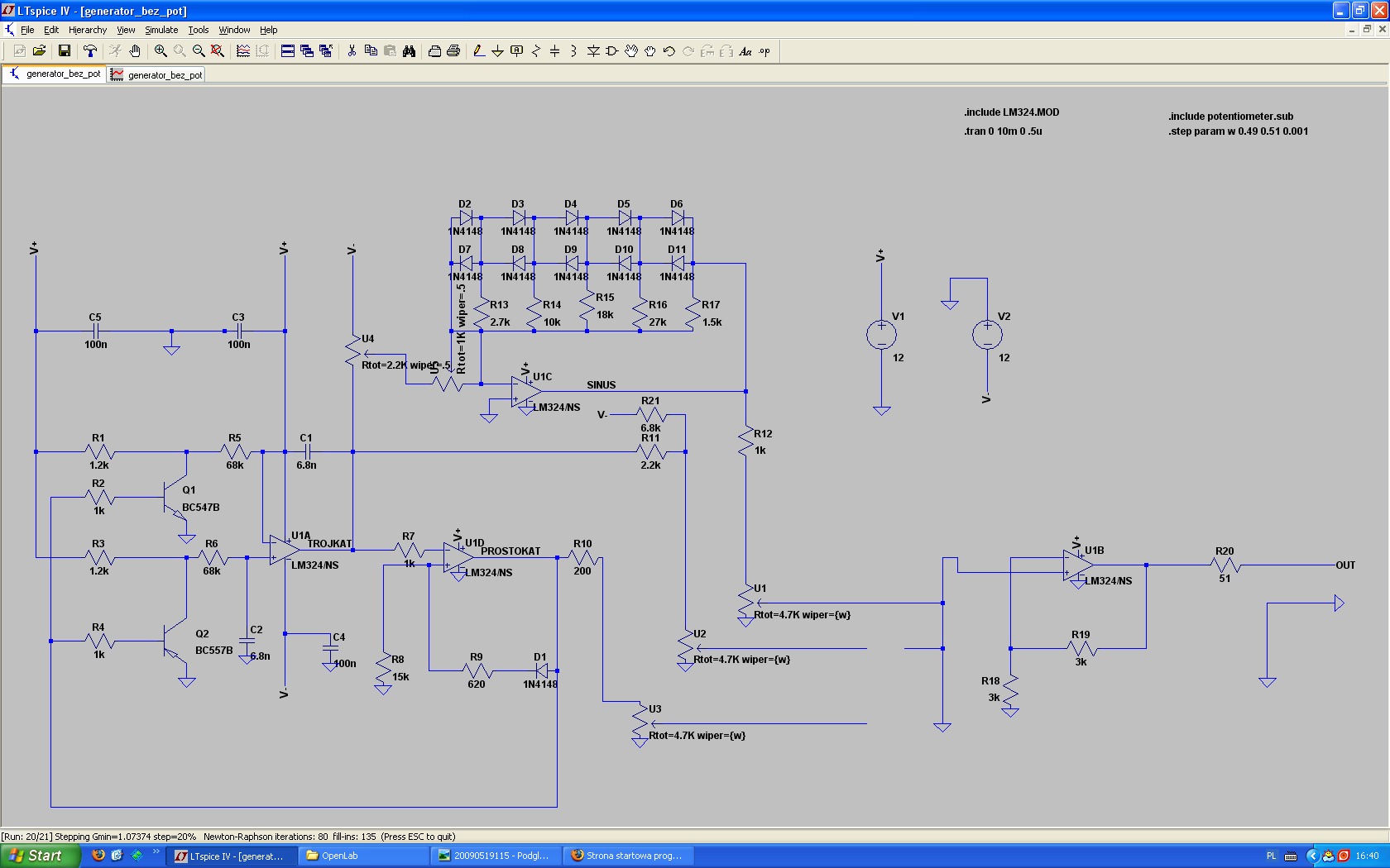 Symulacja generatora na LM324 w LTspice - brak przebiegu sinusoidalnego