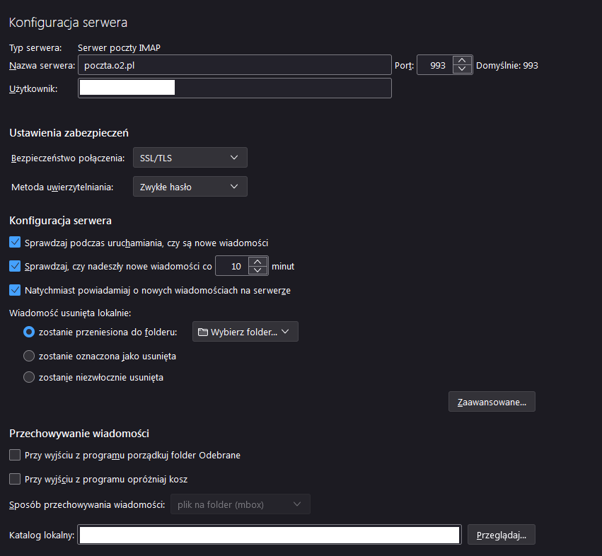 Thunderbird 102.5.1, konto o2.pl IMAP: błąd połączenia, sprawdź ustawienia serwera