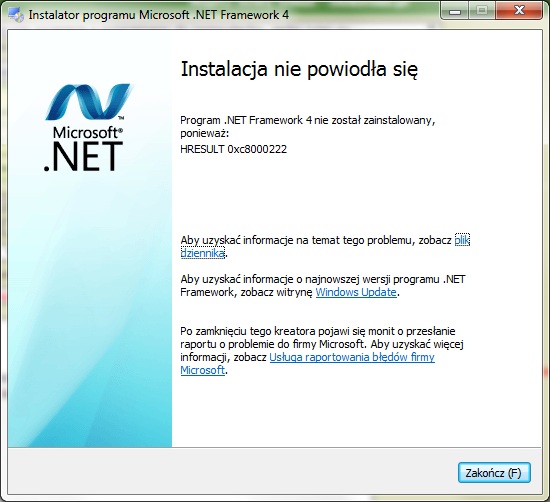 Microsoft Framework 4.0 - Błąd instalacji, świeżo po formacie