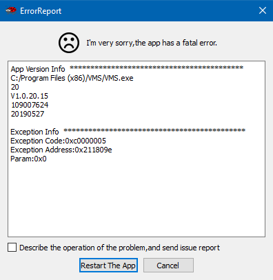 General VMS Exception Code:0xc0000005 Exception Address:0x397809e