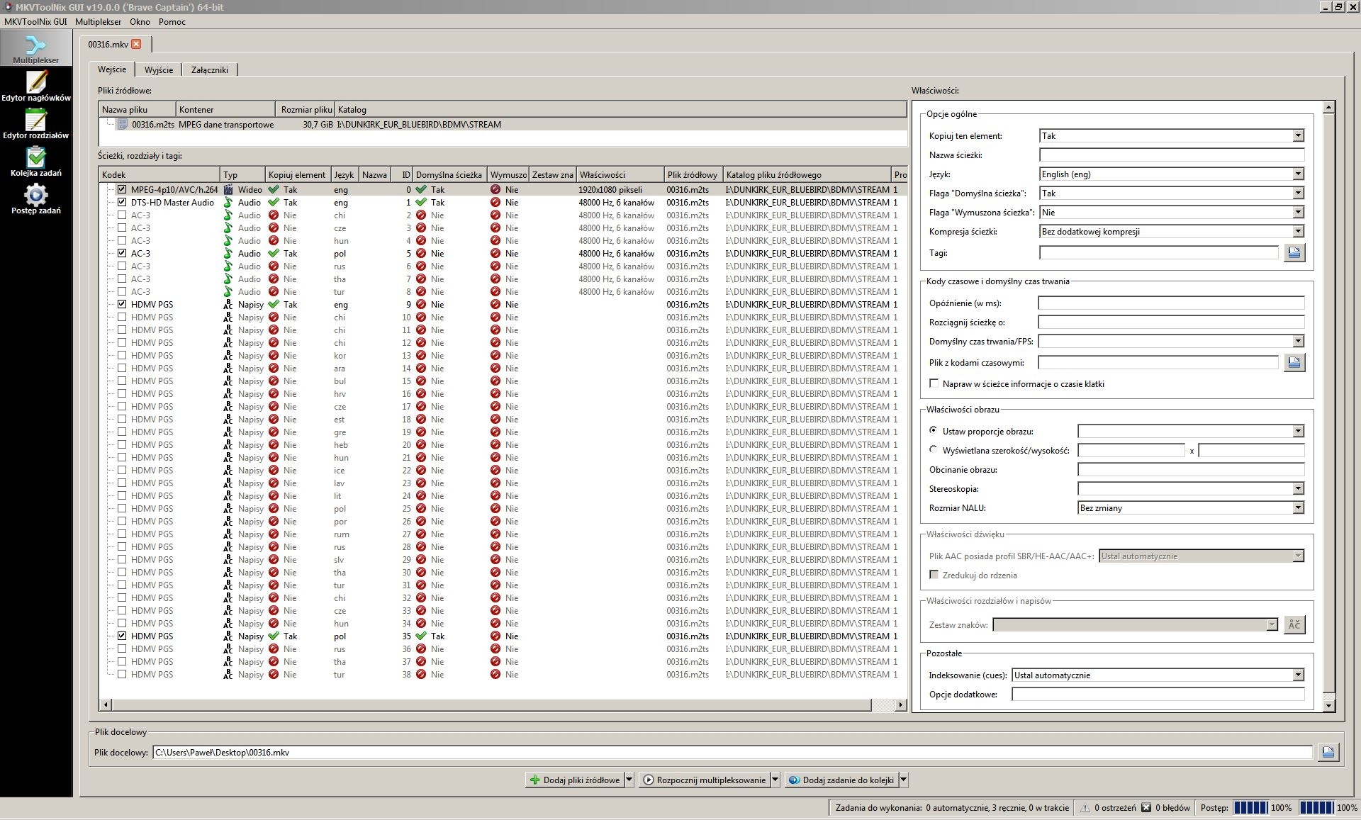 Mkvtoolnix GUI tworzy plik z m2ts do mkv o długości max 30 min
