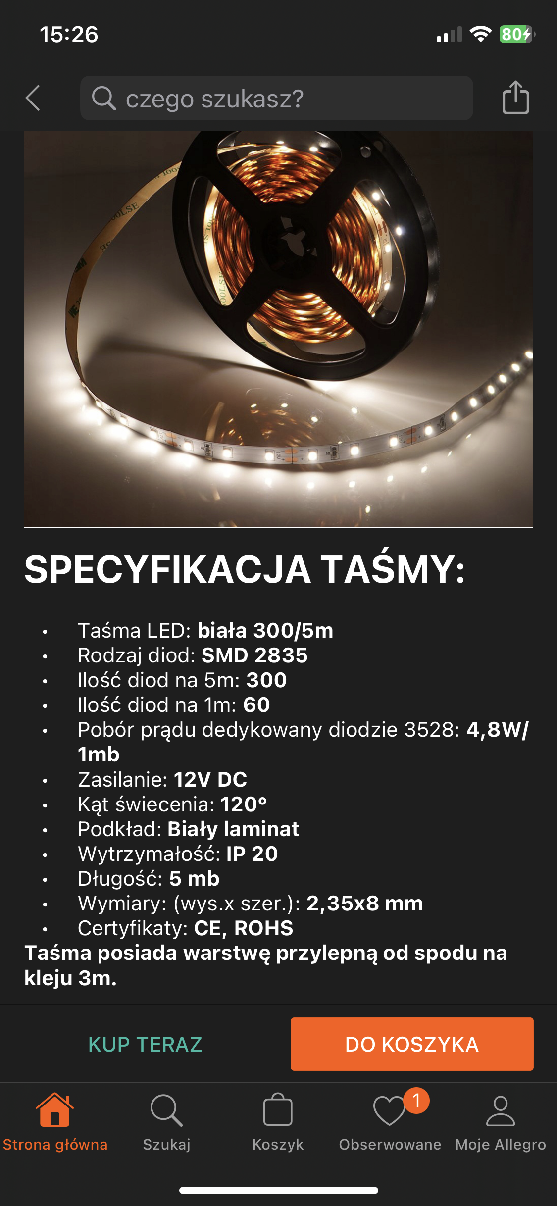 Jak dobrać zasilacz dla 20m LEDów, ile mocy potrzeba na 1m? Dane i zdjęcie