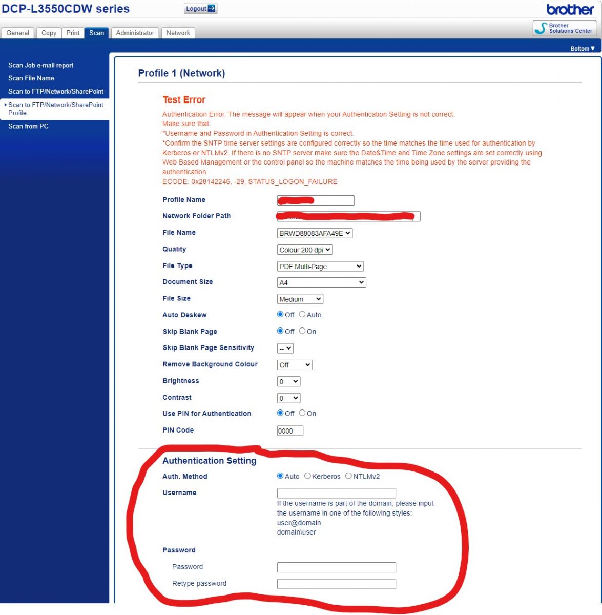 Jaki login i hasło mam wpisać na stronie konfiguracji drukarki Brother DCP-L3550CDW?