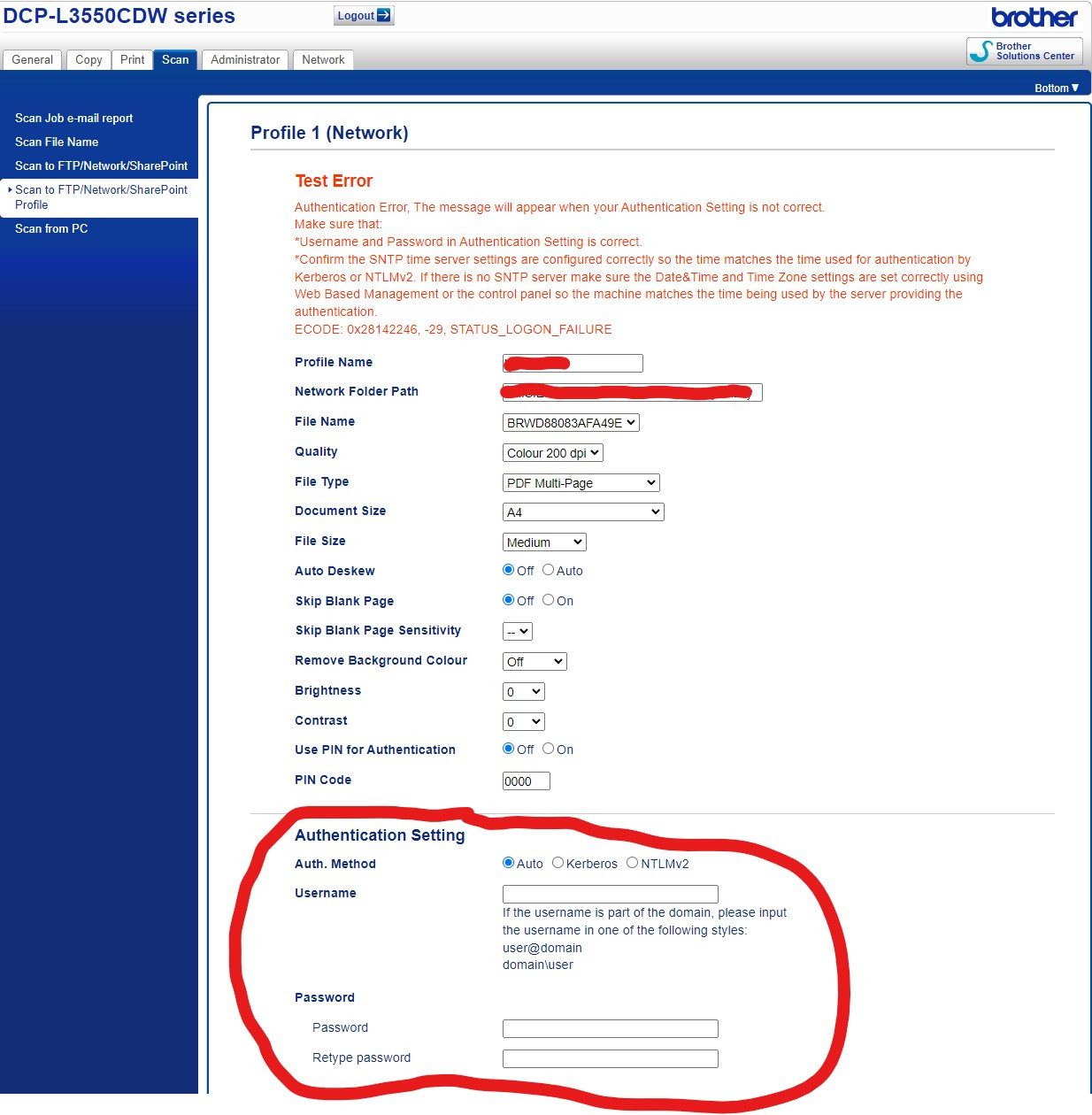 Jaki login i hasło mam wpisać na stronie konfiguracji drukarki Brother DCP-L3550CDW?