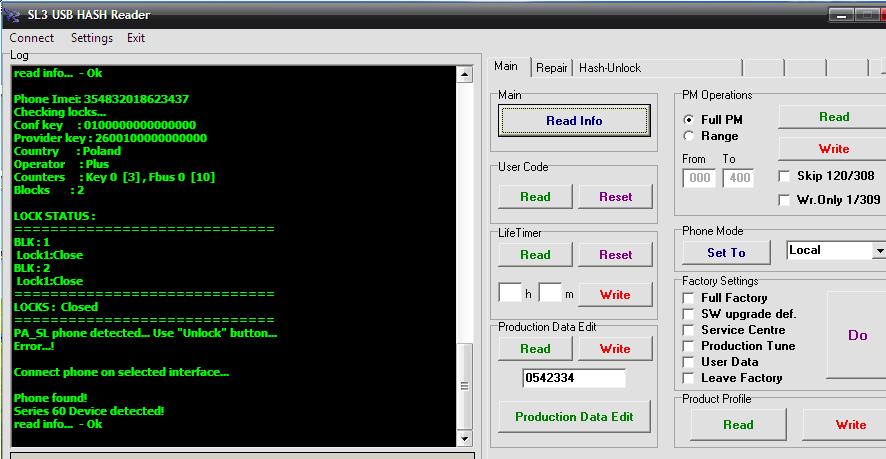 Nokia E65 - Jak zdjąć kablem CA53 simlock.Programem sl3 usb hash Reader.