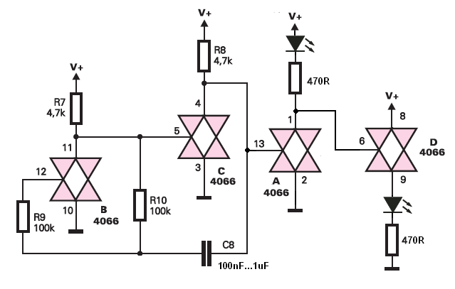 TOSHIBA TC4066BP - jak zrobić migające diody na tym układzie?