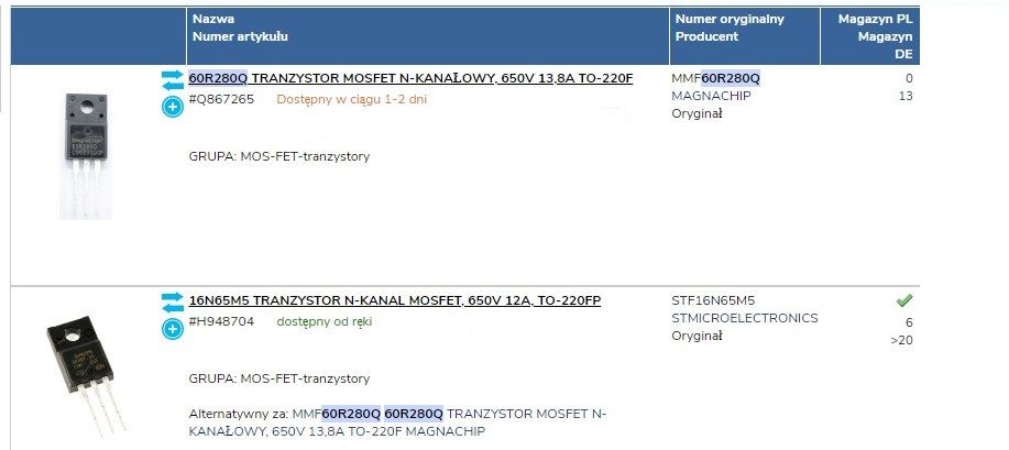 MOSFET IPA65R190E6XKSA1 jako zamiennik 60R280Q – zgodność parametrów?