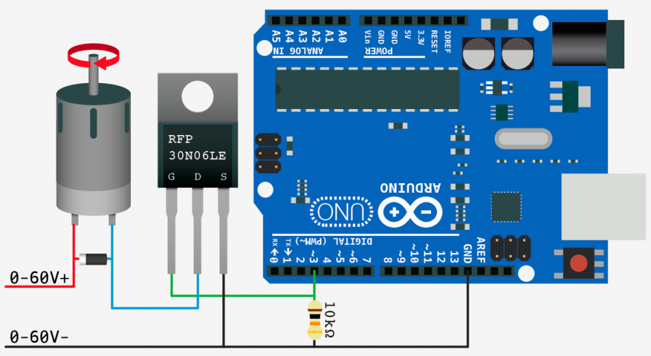 Jak prawidłowo podłączyć silnik przez MOSFET IRF630 do Arduino?