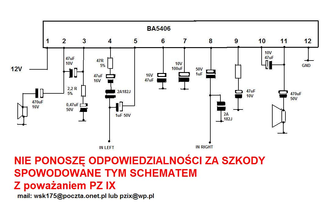 Schemat wzmacniacza audio BA5406 – gdzie znaleźć PCB i wartości elementów?