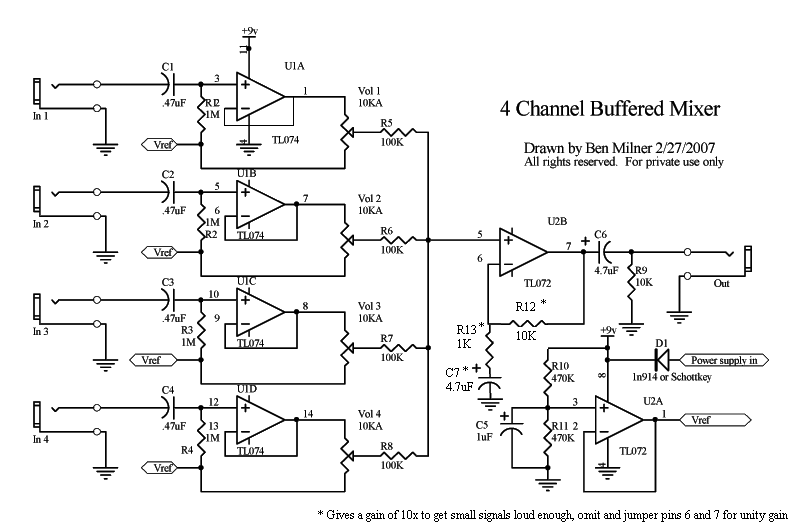 Jak zbudować mikser audio 4-kanałowy na 5V z USB i TL074?