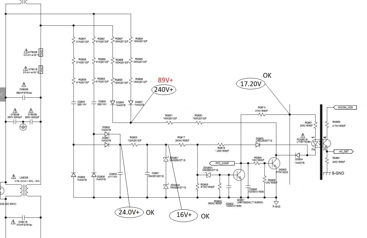 Samsung PS60E530 nie włącza się - brak napięcia na pinie SYBY, schemat?