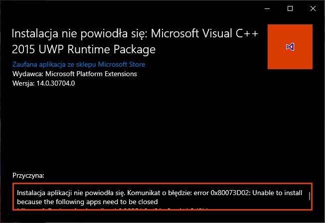 Błąd instalacji Microsoft.VCLibs.140.00_14.0.30704.0 64 bit