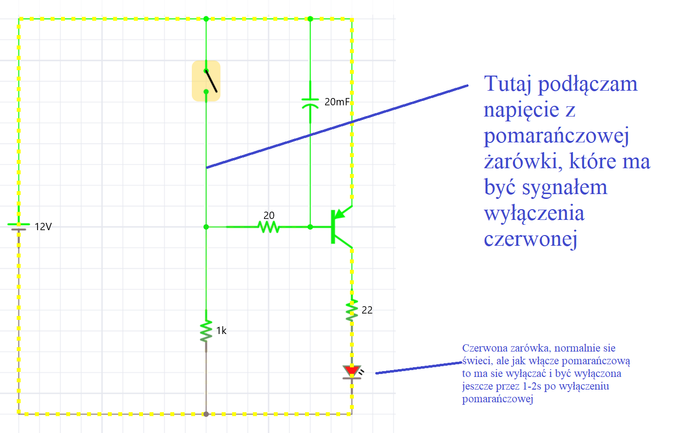 Układ z opóźnieniem włączania LED czerwonej po wyłączeniu LED ...