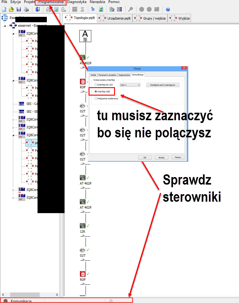 Jak programować centralę Esser IQ8 C za pomocą Tools 8000 i kabla USB?