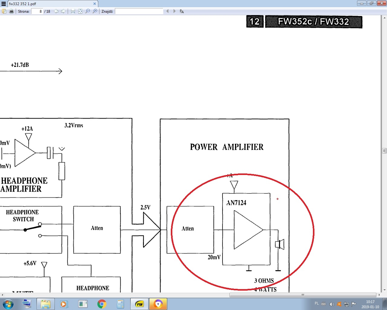 Wieża FW 332 - brak dźwięku z głośników, działa wyjście słuchawkowe, AN7164