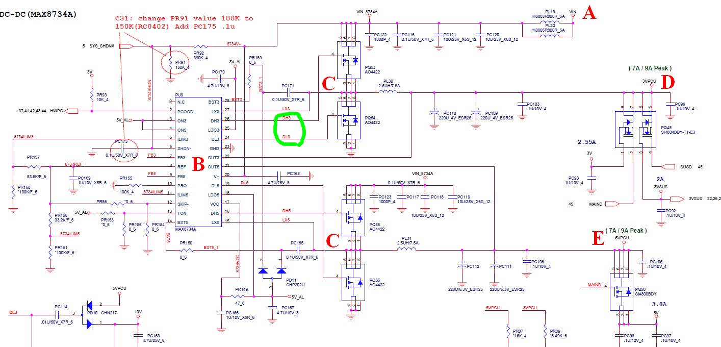 Compaq c700 - Brak reakcji na włącznik, napięcia na układzie PU5 (RT8203)