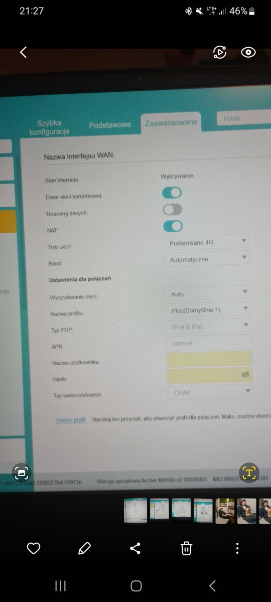 Nie działa internet w routerze TP-Link Archer MR600 z kartą Plusa: siła sygnału 100% RSSI -60dBm