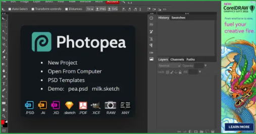 Photopea - CSS odblokowanie menu/usunięcie paska reklam.