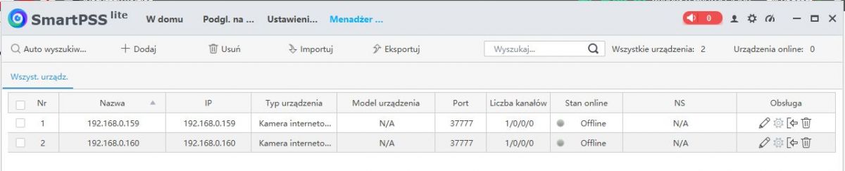 Smart PSS Lite nie łączy się z kamerami IMOU IPC-G42 mimo ich wykrycia