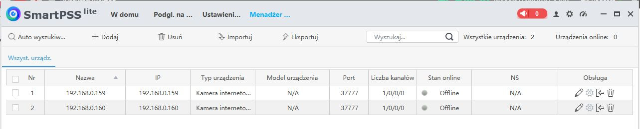 Smart PSS Lite nie łączy się z kamerami IMOU IPC-G42 mimo ich wykrycia