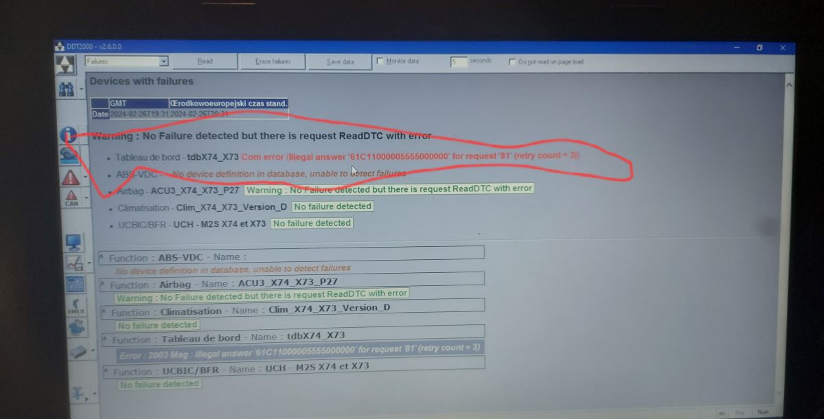 Laguna 2 nie zapala po przeglądaniu zakładek w ddt2000 - brak paliwa?