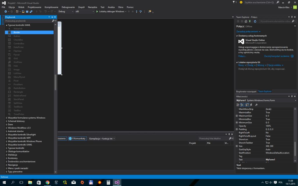 Visual Studio - Visual Studio 2015 - niekatywny przybornik