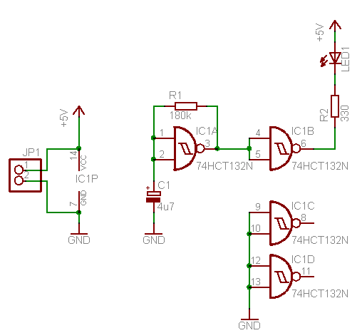 Jak połączyć 74HC132, by dioda migała z częstotliwością 1 Hz?