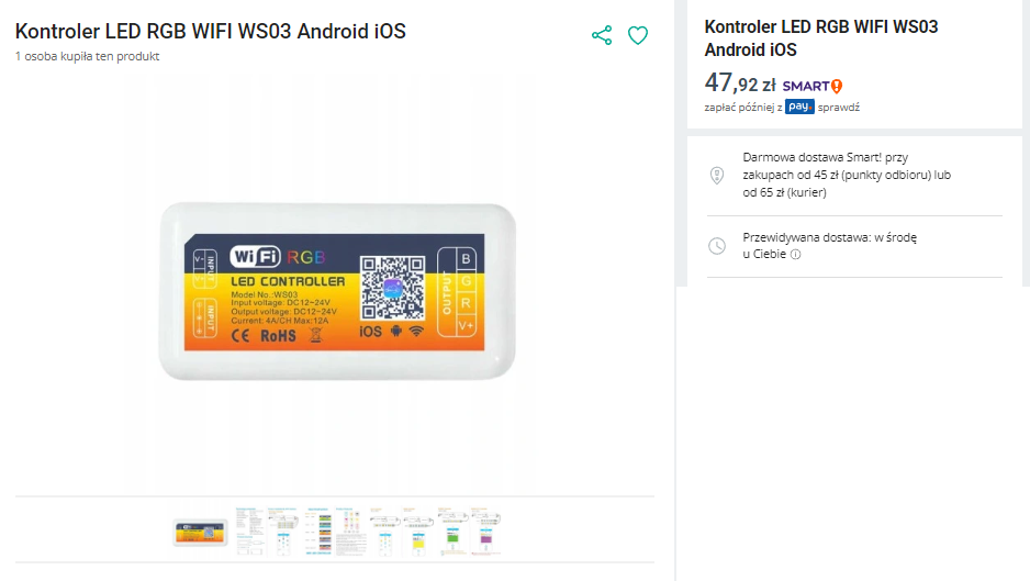 [ESP8266/LM1] Kontroler paska LED z WiFi RGB WS03 - wnętrze, Tasmota ...