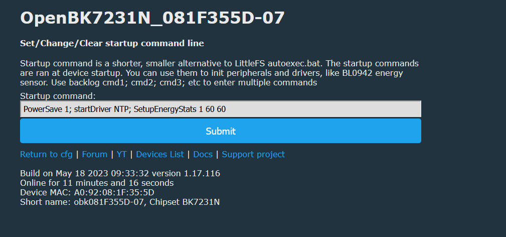 OBK Startup Command Line: PowerSave, startDriver NTP, SetupEnergyStats not executing