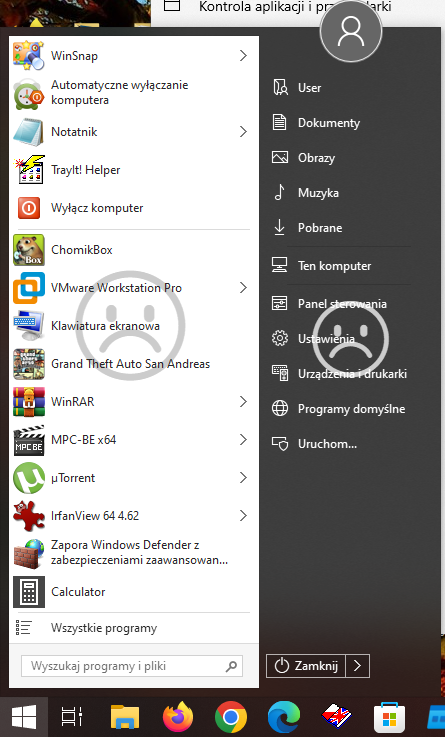 Smutna buźka w menu Start w StartIsBack 2.9.20 na Windows 10 Pro 22H2