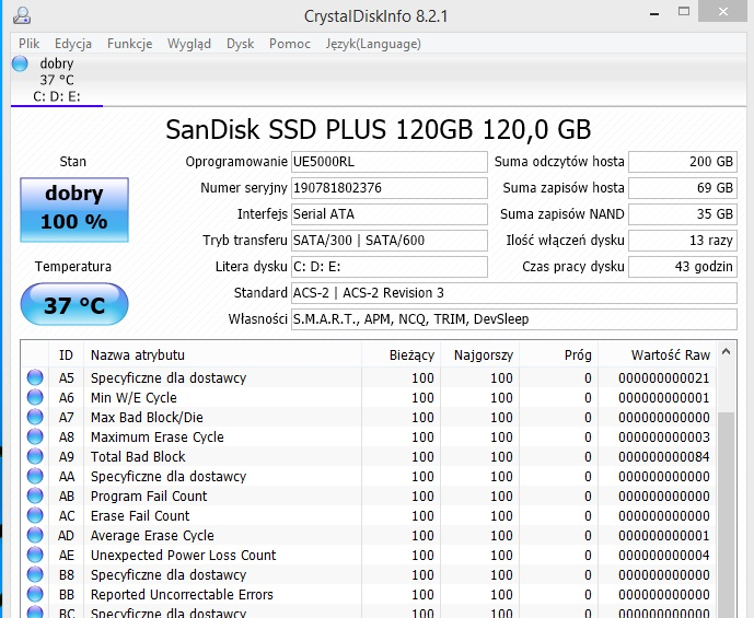 Wzrost bad blocks na nowym dysku SSD Sandisk Plus po instalacji systemu - 2