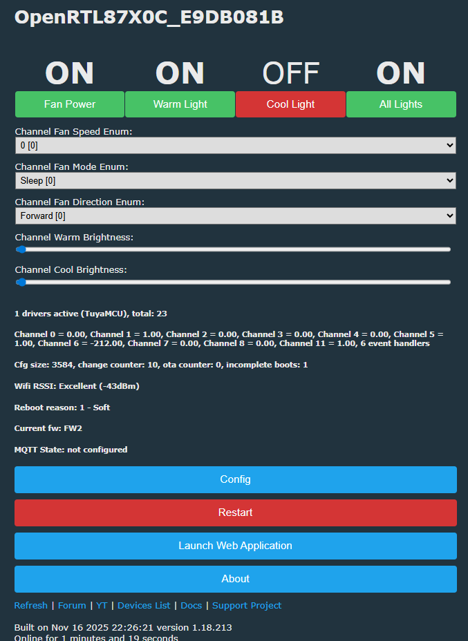 Wentylator sufitowy Carro OpenBeken Config: WBR3 RTL8720CF TuyaMCU ...