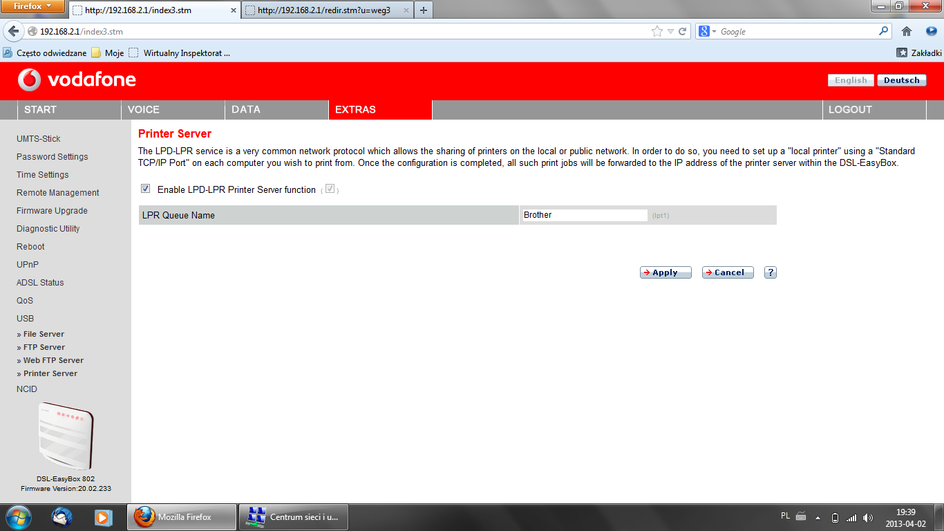 vodafone DSL-EasyBox 802 - jak skonfigurować Print Serwer