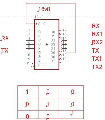 Programowanie GAL 16v8. RXD i TXD przełączane na 3 układy.
