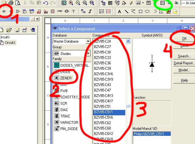 Multisim 8 - wyszukiwanie diody Zenera o określonym napięciu i widok PCB