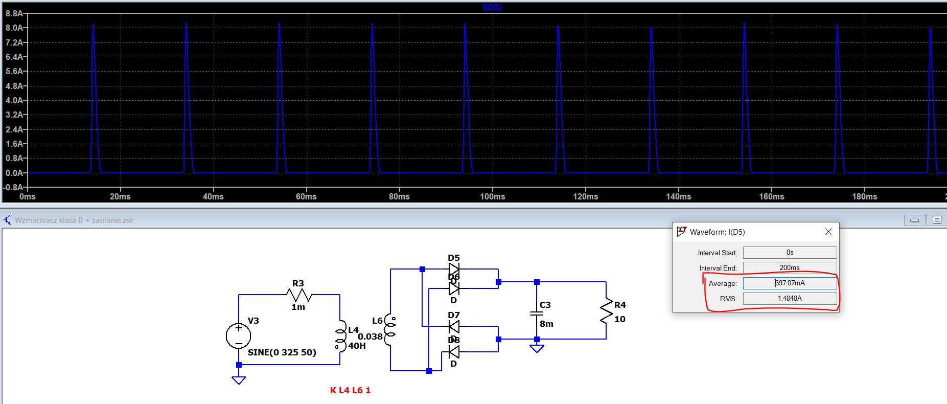 Wyznaczanie wartości średniej i skutecznej prądu dla diody w LTSpice: Dobór obszaru przebiegu