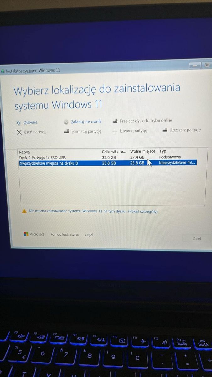 Instalacja Windows 11 nie widzi dysku SSD Gigabyte AG450E1024-SI M.2 1TB