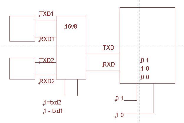 Programowanie GAL 16v8. RXD i TXD przełączane na 3 układy.