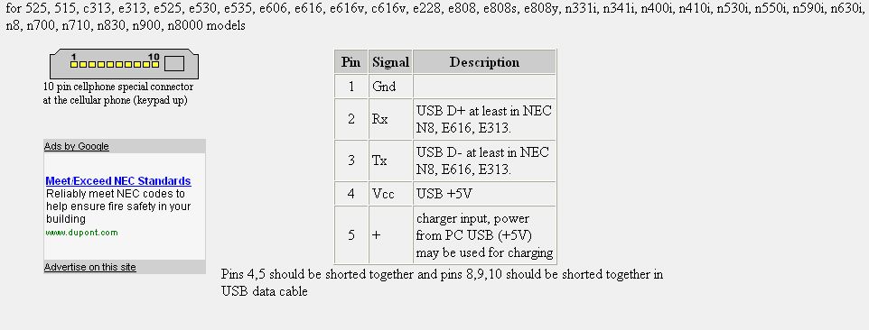 NEC E338 – które styki gniazda ładowania odpowiadają za ładowanie baterii?
