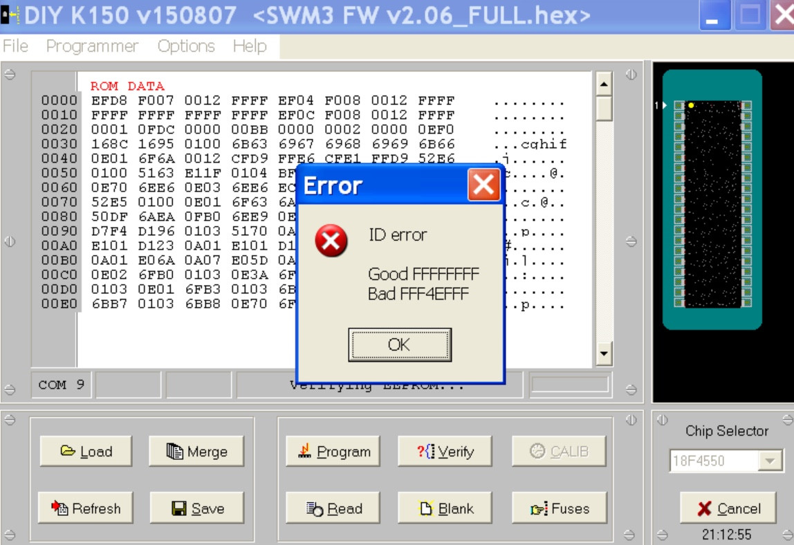 Błąd ID podczas programowania PIC za pomocą programatora K150 na Windows XP