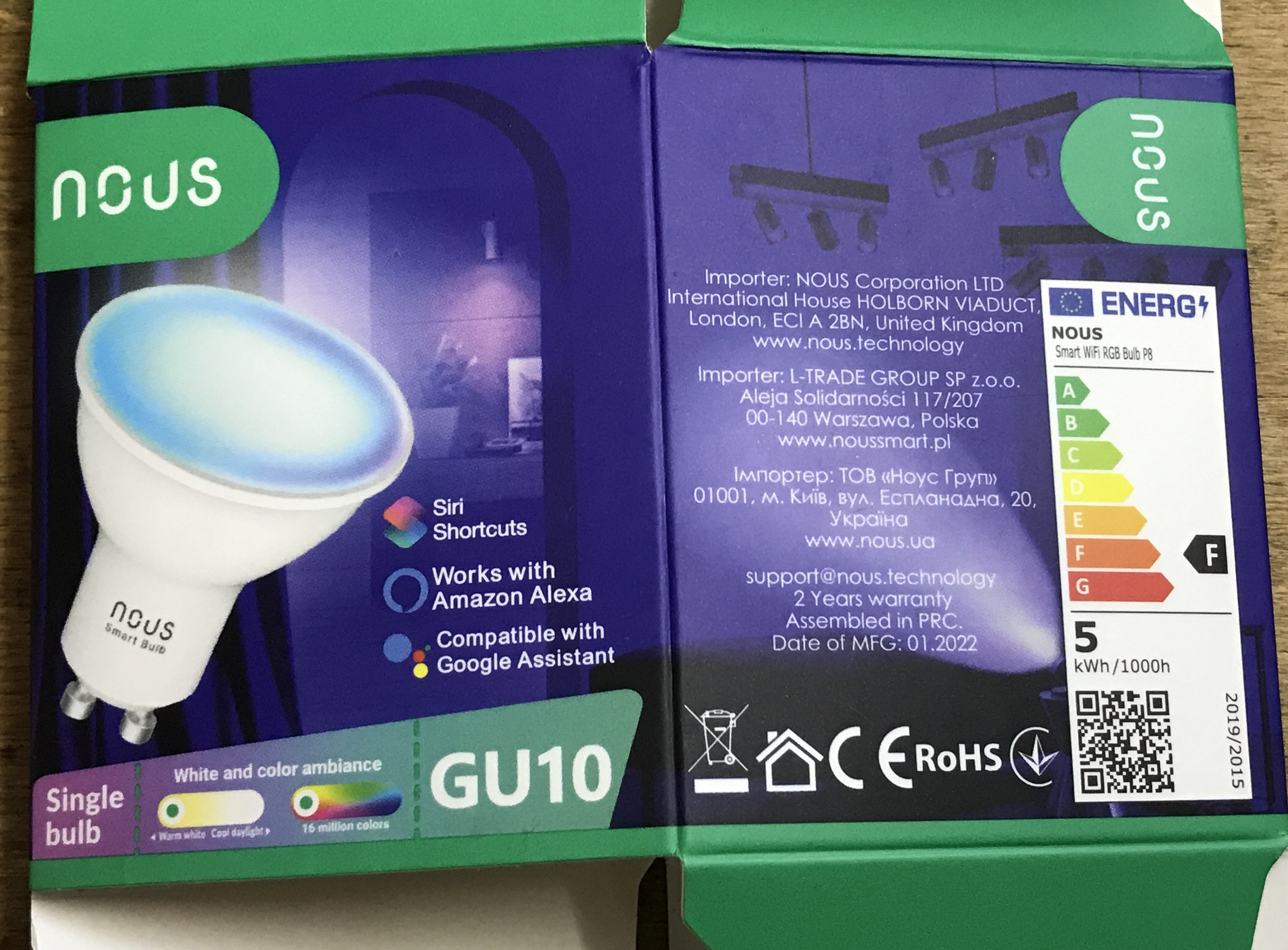 Nous Smart WiFi Bulb P8 RGBCW, GU10, EB01-B + BP5758, pinout WiFi