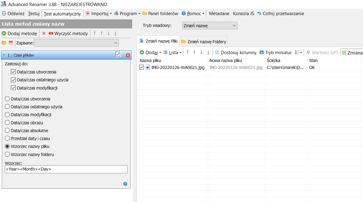 [Rozwiązano] Zmiana daty utworzenia pliku na wziętą z nazwy pliku