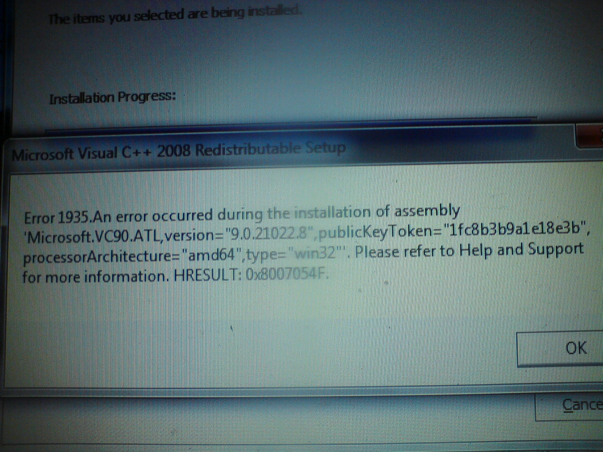 Błąd instalacji Microsoft Visual C++ 2008 Redistributable na Windows 7 x64
