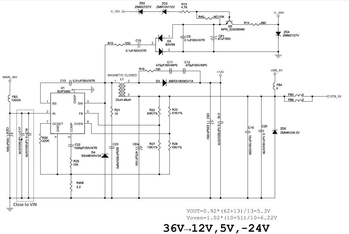 Jak w zasilaczu z 36V uzyskano +12V, +5V i -24V do zasilania VFD?