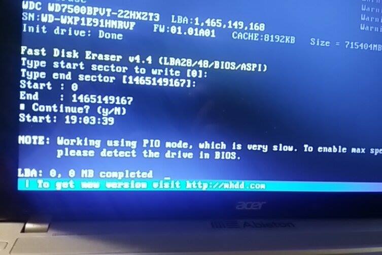 WDC WD7500BPVT-22HXZT3 - Nieudana próba czyszczenia dysku.