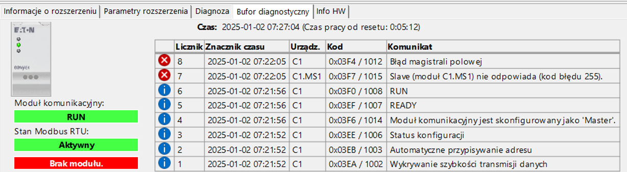 Brak połączenia Modbus RTU między Eaton EASY-E4 a licznikiem FF LE-01M