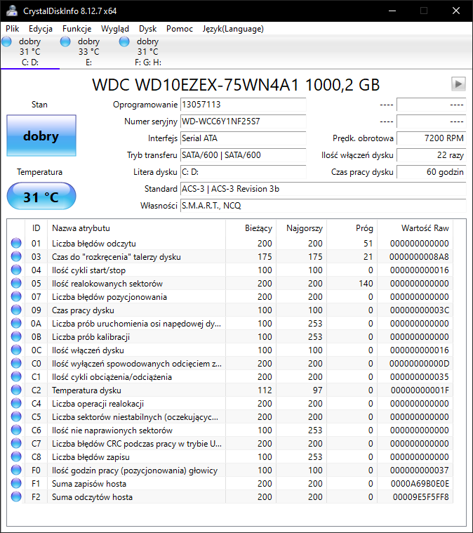 Current Pending Sector Count i Offline Uncorrectable Sector Count w SMART