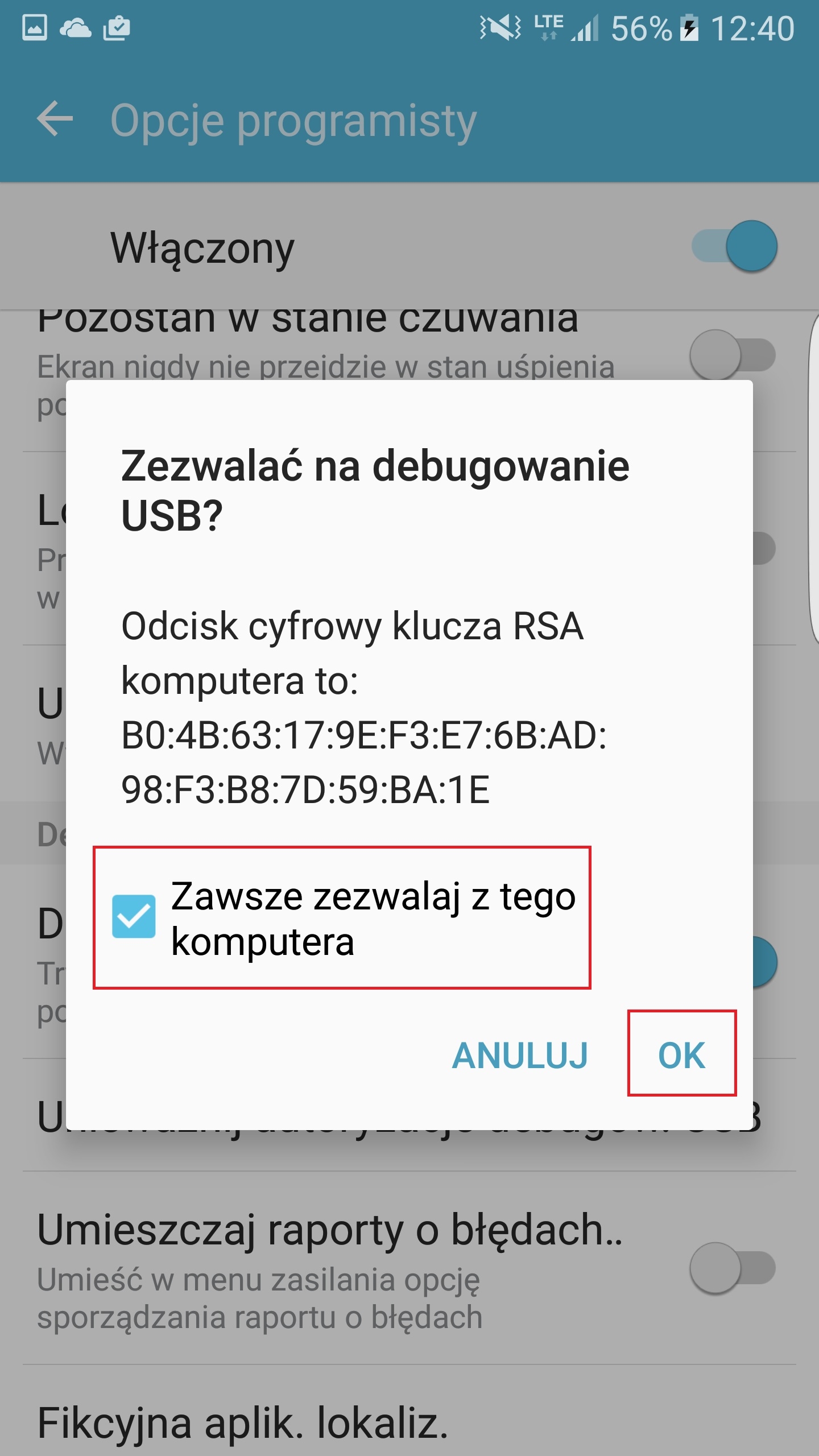 Jak wyłączyć monit o dostępie do danych przy debugowaniu USB w J5 (2017)?